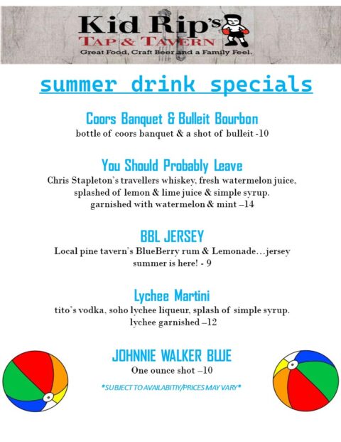 Menu | Kid Rip's Tap & Tavern