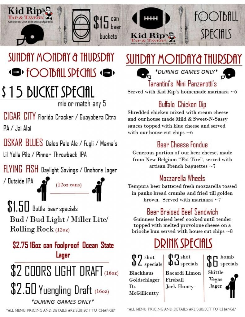 Football Drink & Food Specials…Sundays Mondays & Thursdays | Kid Rip's ...